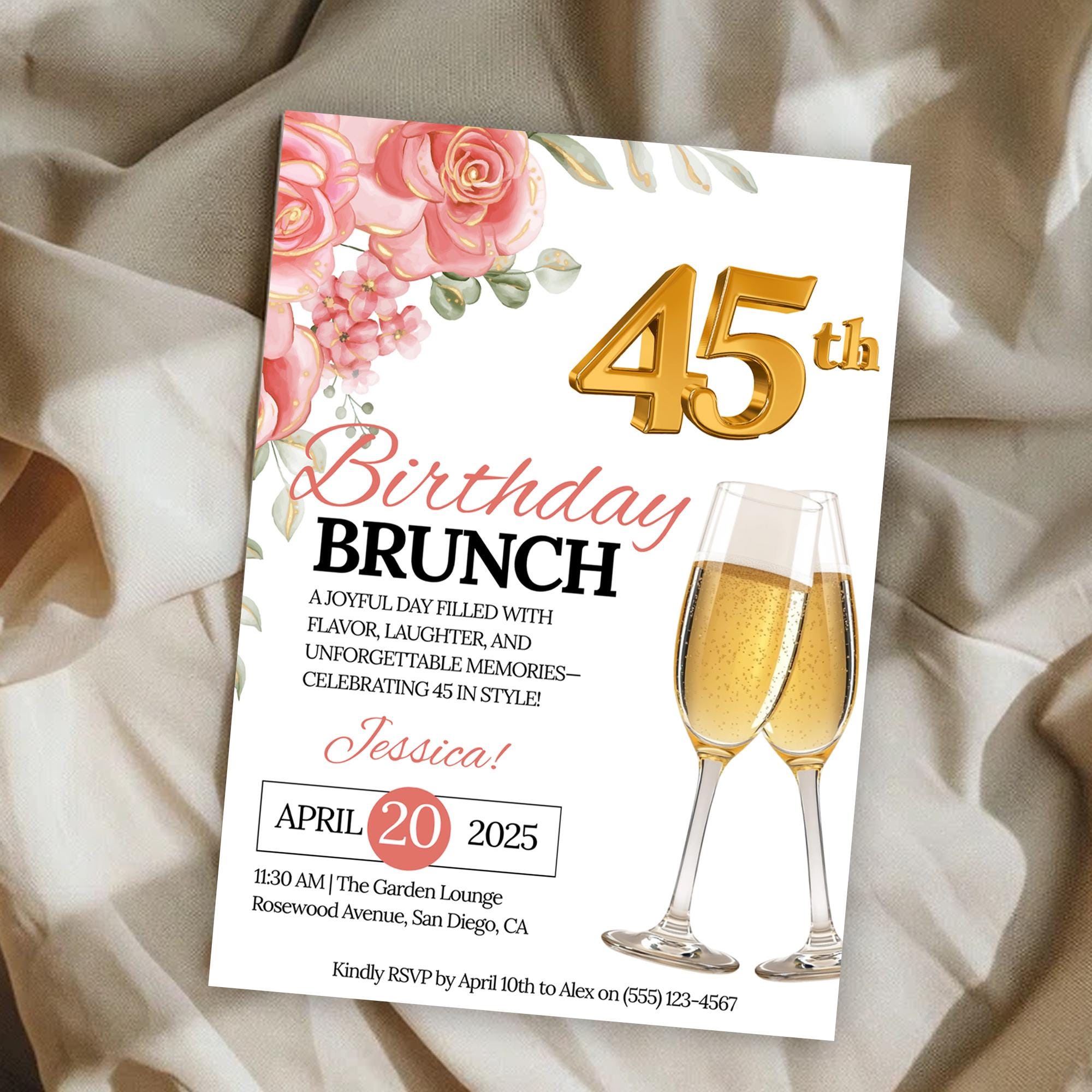 45th Birthday Card Brunch Invitation, Editable 45th Birthday Invite for ...