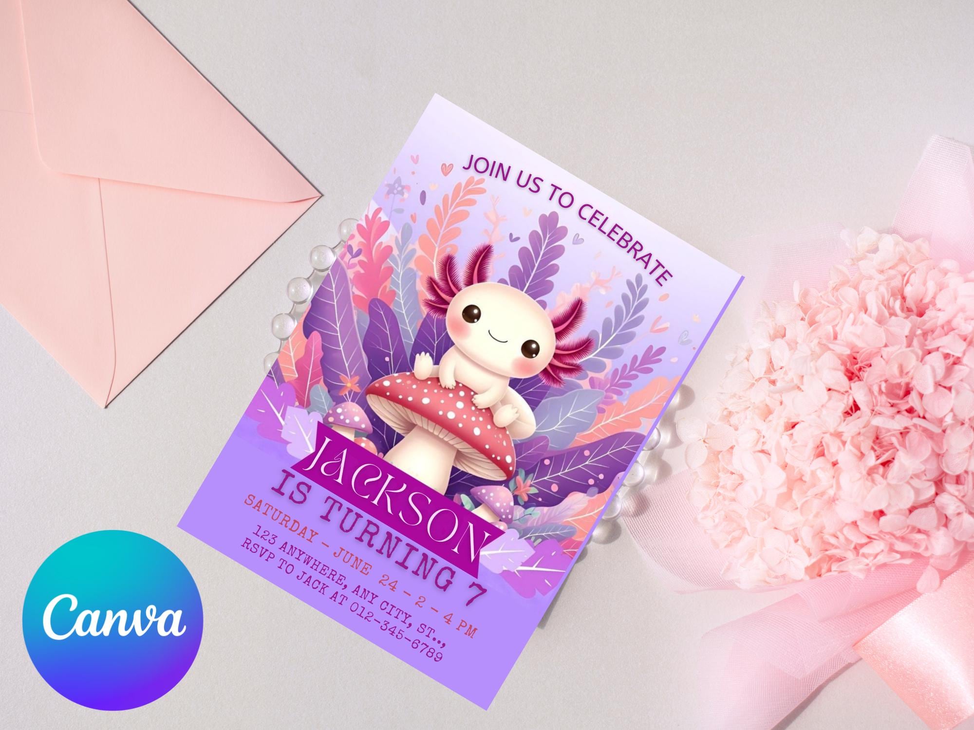 Axolotl Birthday Invitation, Pink Girl Axolotls Invite, Editable ...