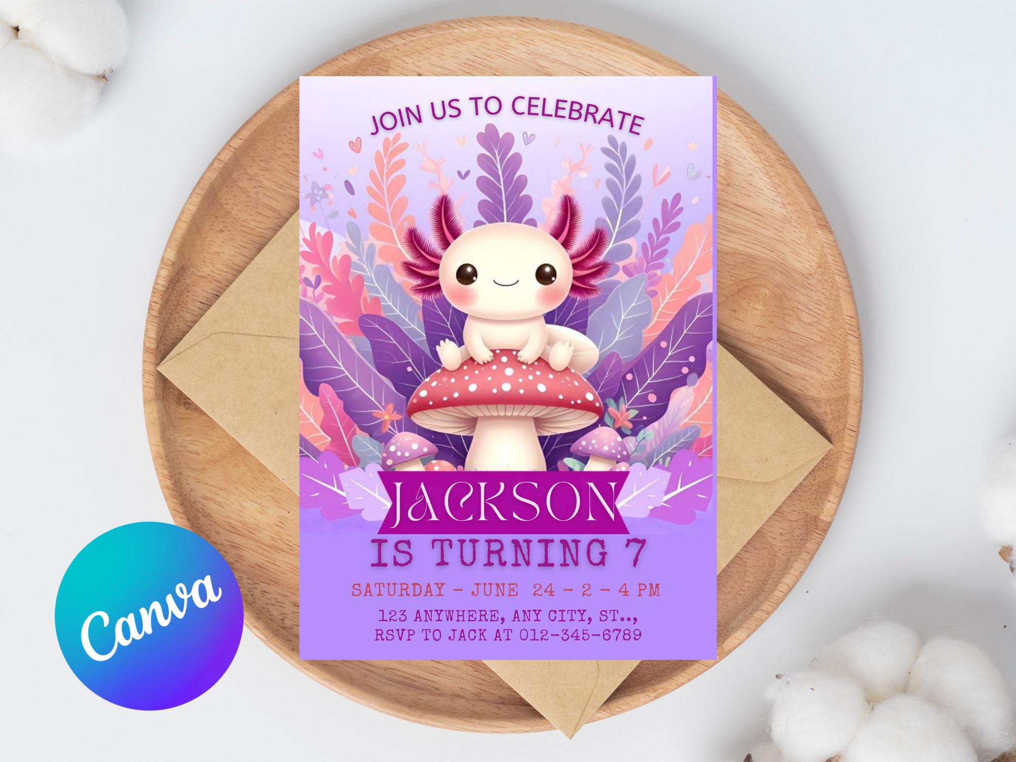 Axolotl Birthday Invitation, Pink Girl Axolotls Invite, Editable ...