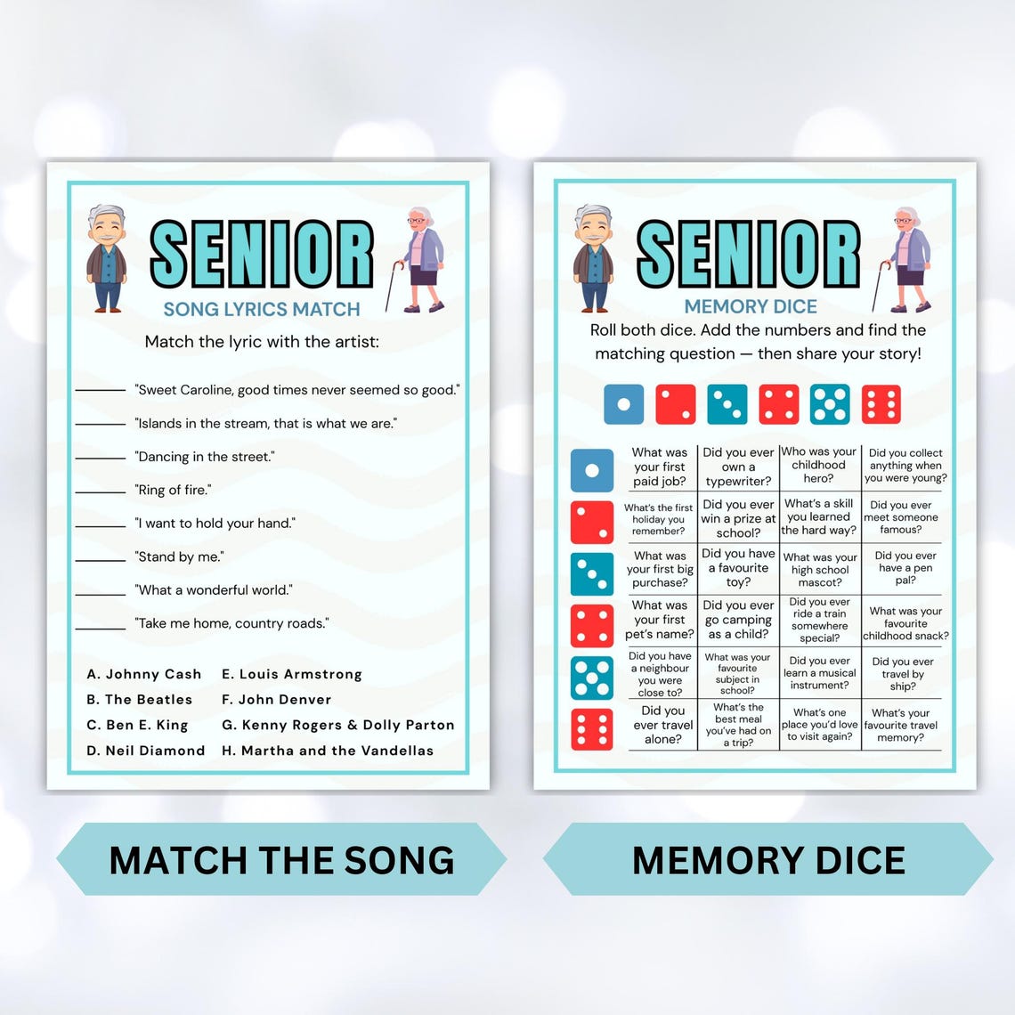 Senior Games Bundle Printable, Fun Brain Games for Seniors, Memory Dice ...