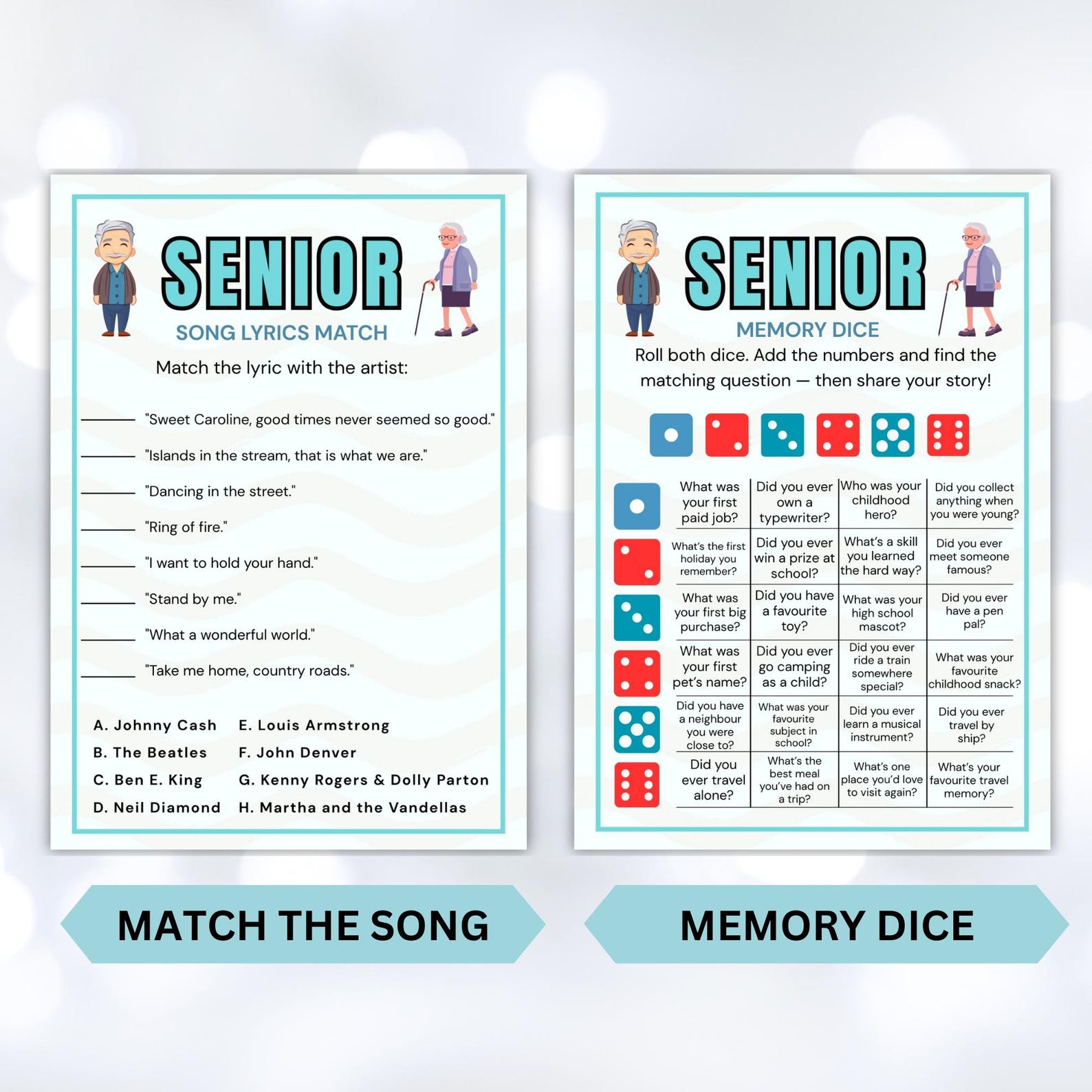Senior Games Bundle Printable, Fun Brain Games for Seniors, Memory Dice ...