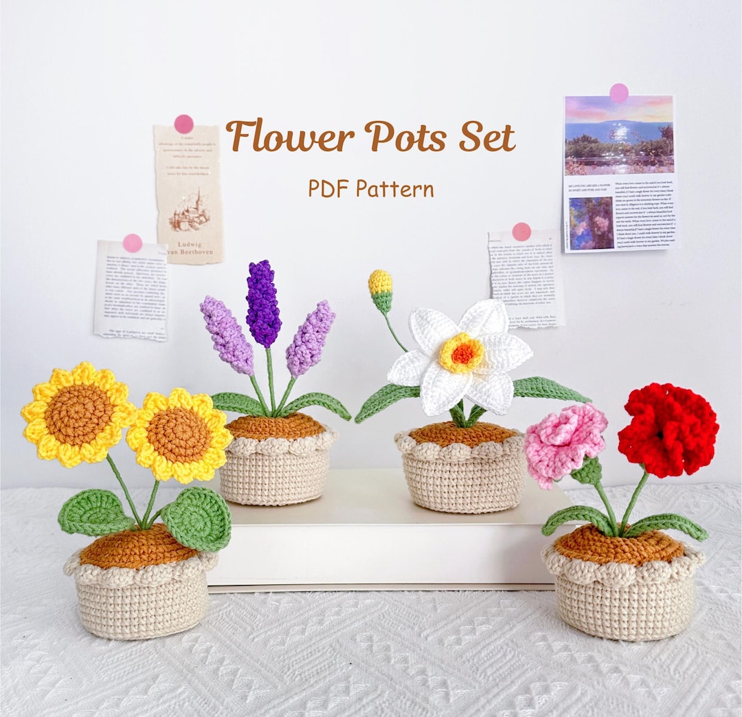 Elegant Flower Pot Crochet Patterns Set, Crochet Flower Pattern ...