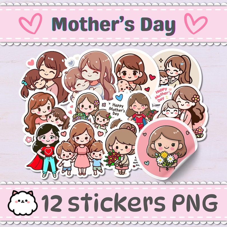 Mother’s Day Printable Stickers - 12 PNG Designs for DIY - Digital ...