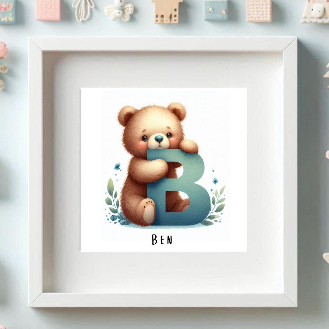 Personalized Letter B Bear Nursery Print – Custom Baby Name (digital ...