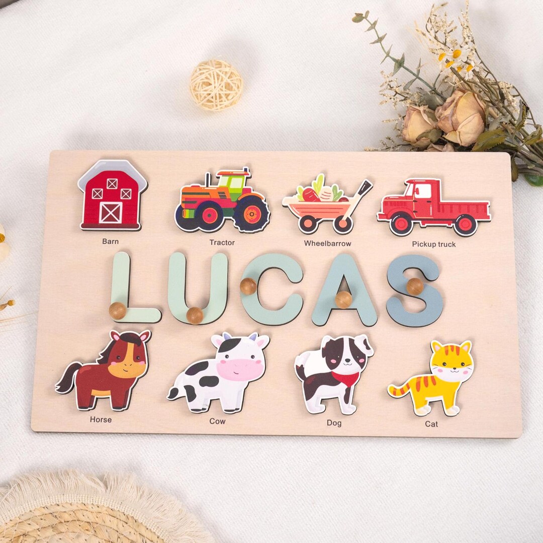 Farm Animal Name Puzzle With Pegs, Wooden Barnyard Toy for Toddlers ...
