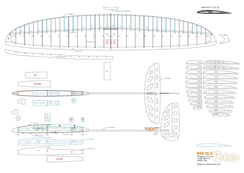 Bee DLG 1M Balsa RC Glider Plans | Laser-cut Ready (DXF Digital ...