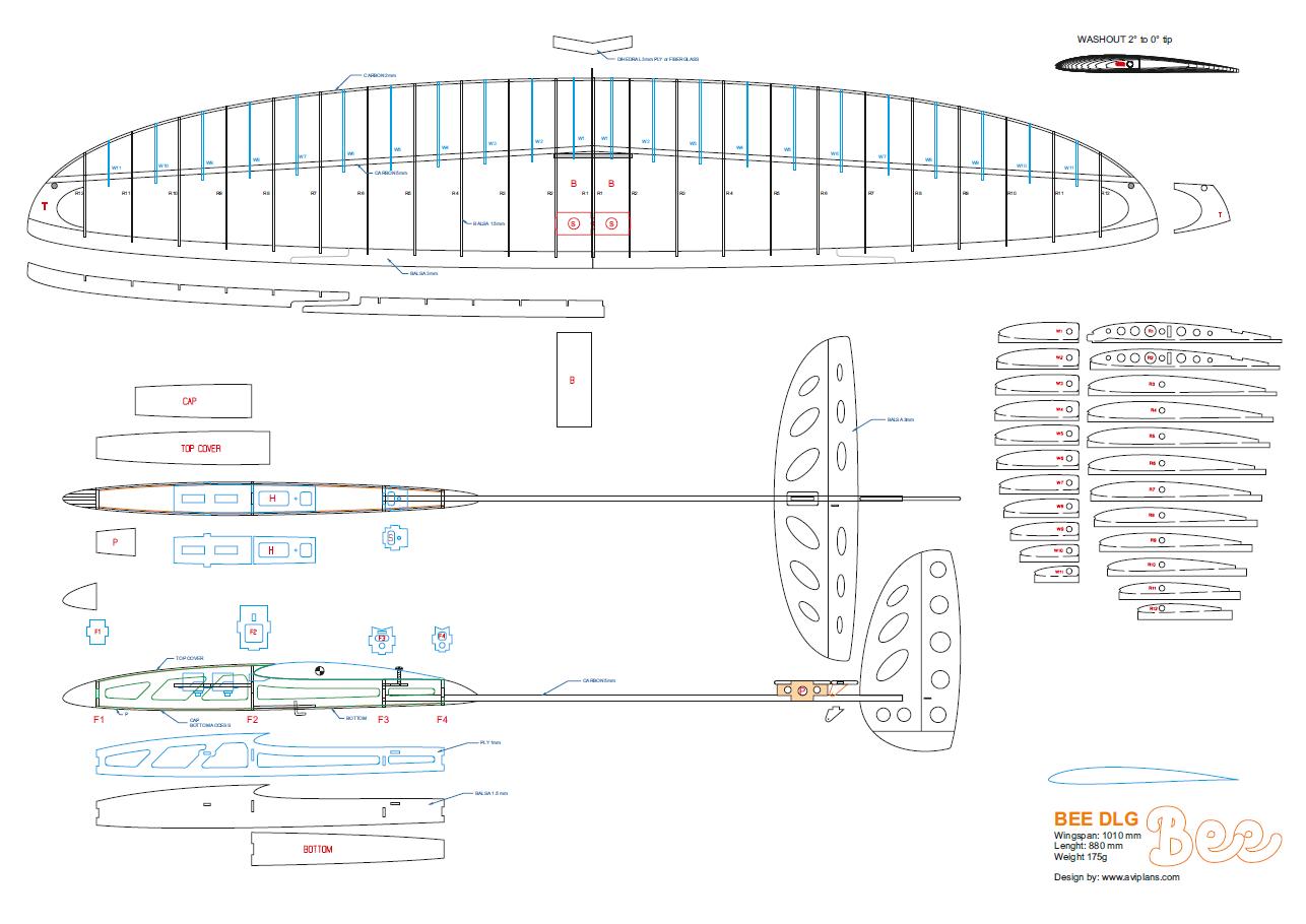 Bee DLG 1M Balsa RC Glider Plans | Laser-cut Ready (DXF Digital ...