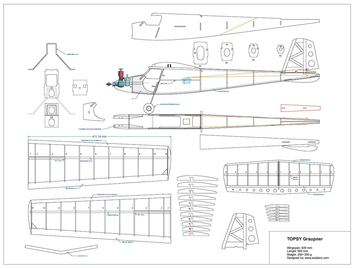 Topsy RC Model Plane DXF Plans | Laser/cnc Cut Files | Balsa Build ...