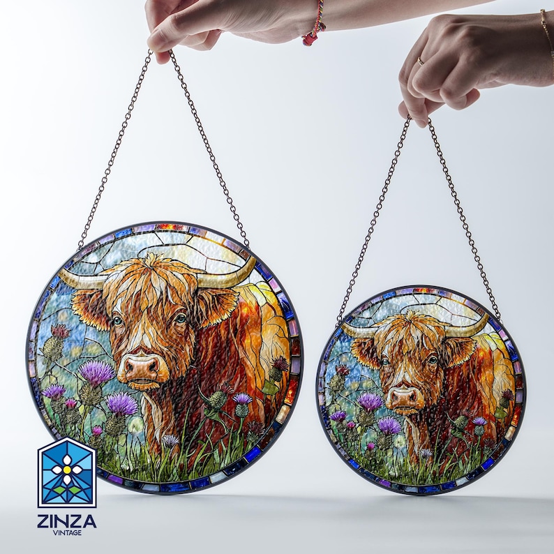 Highland Cow Stained Glass Suncatcher Round Window Hanging Thistle ...