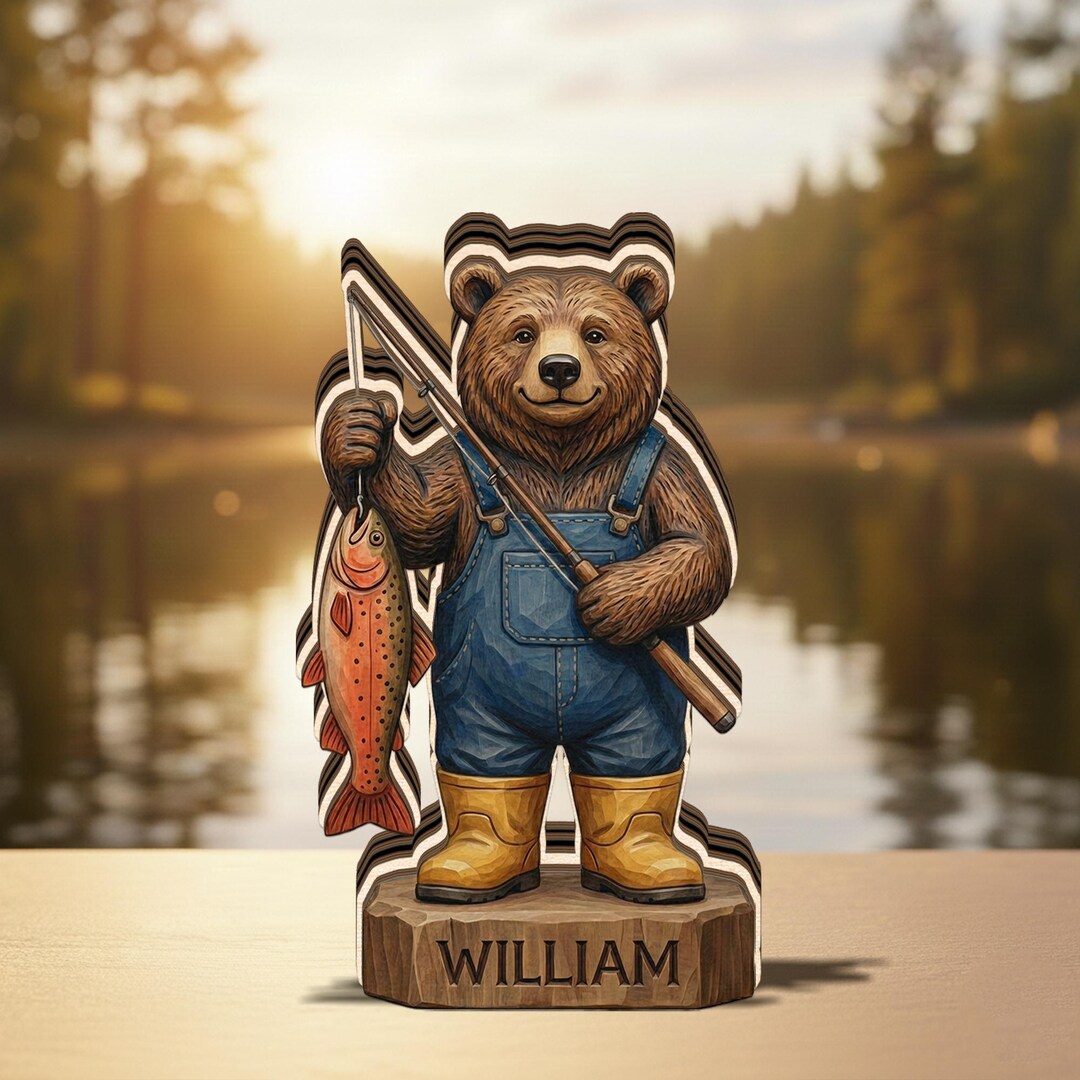 Personalized Fishing Bear Wooden Block Decor, Custom Name Rustic Lake ...