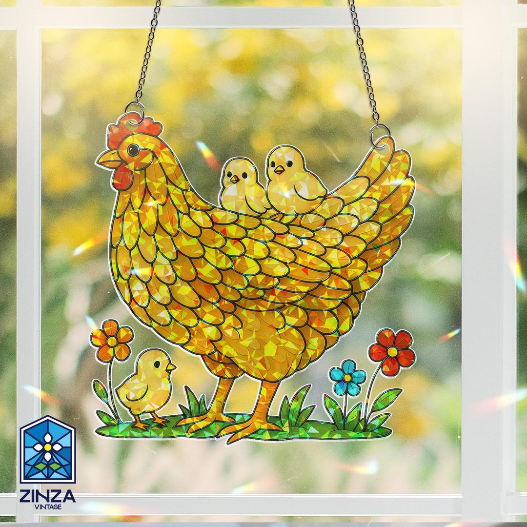 Mother Hen With Chicks Acrylic Window Hanging Stained Glass Style ...
