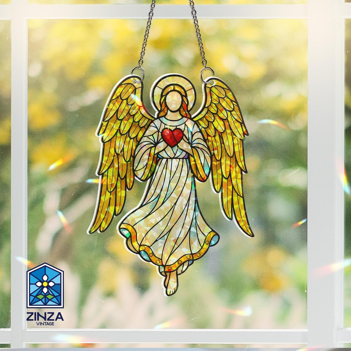 Angel With Heart Acrylic Window Hanging, Stained Glass Style Suncatcher ...