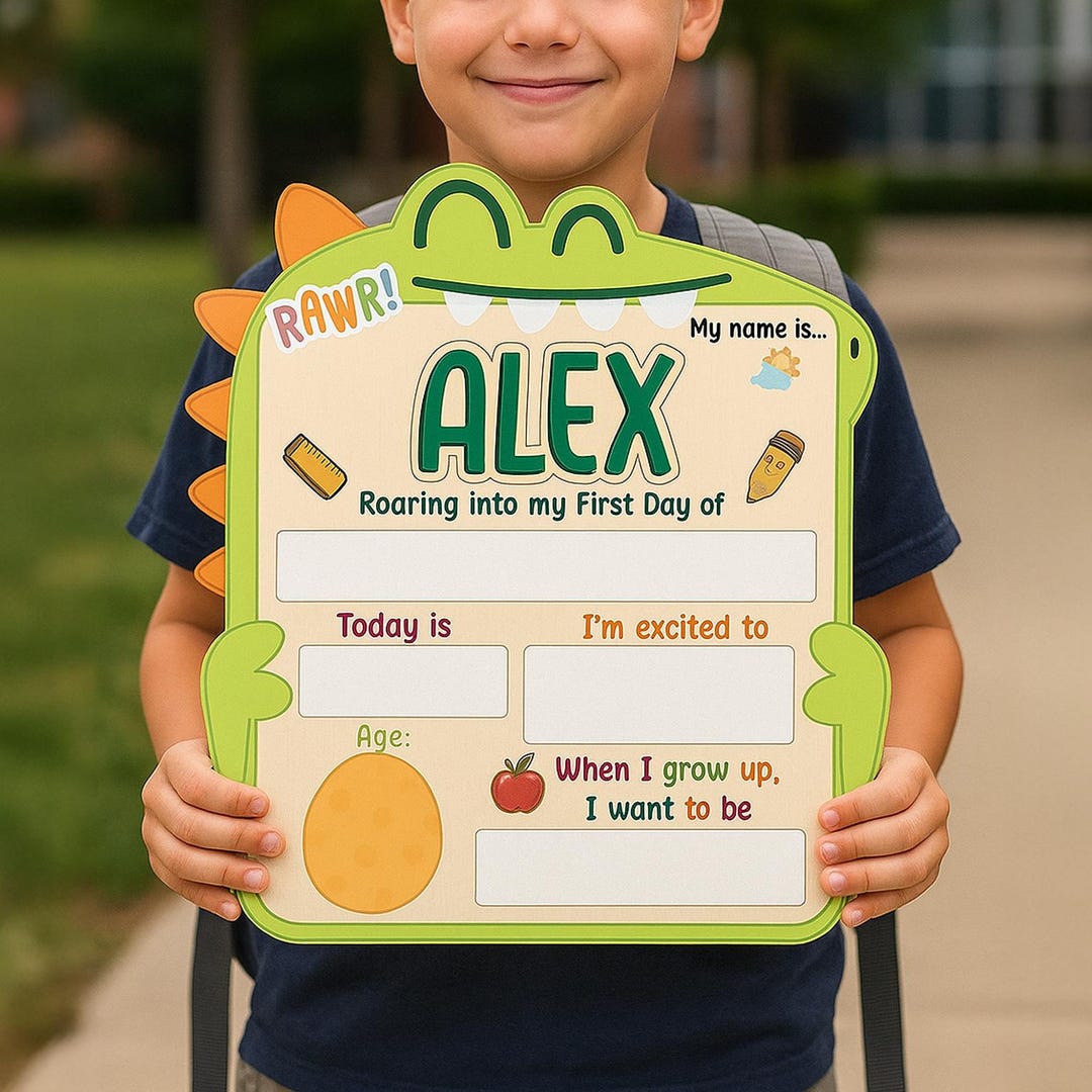 Personalized Dinosaur First Day Sign Customized Name Photo Prop Roaring ...