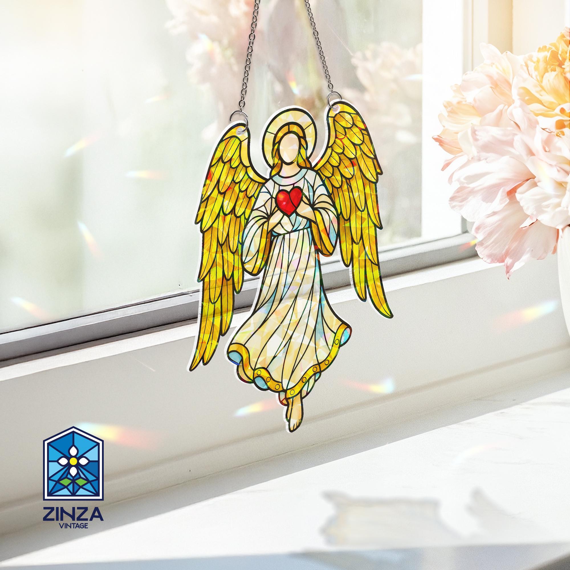 Angel With Heart Acrylic Window Hanging, Stained Glass Style Suncatcher ...