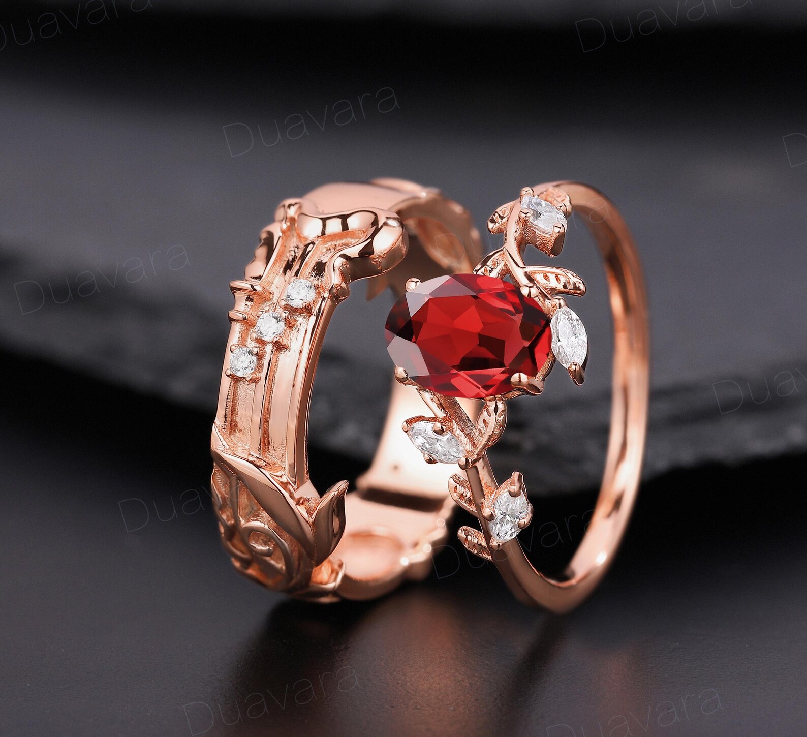Vintage Oval Garnet Couple Wedding Ring Set Rose Gold Branch Leaf Men's ...