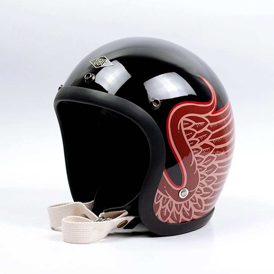 Helmet Slimhead 500TX Custom Black Retro Motorcycle With Red Wing ...