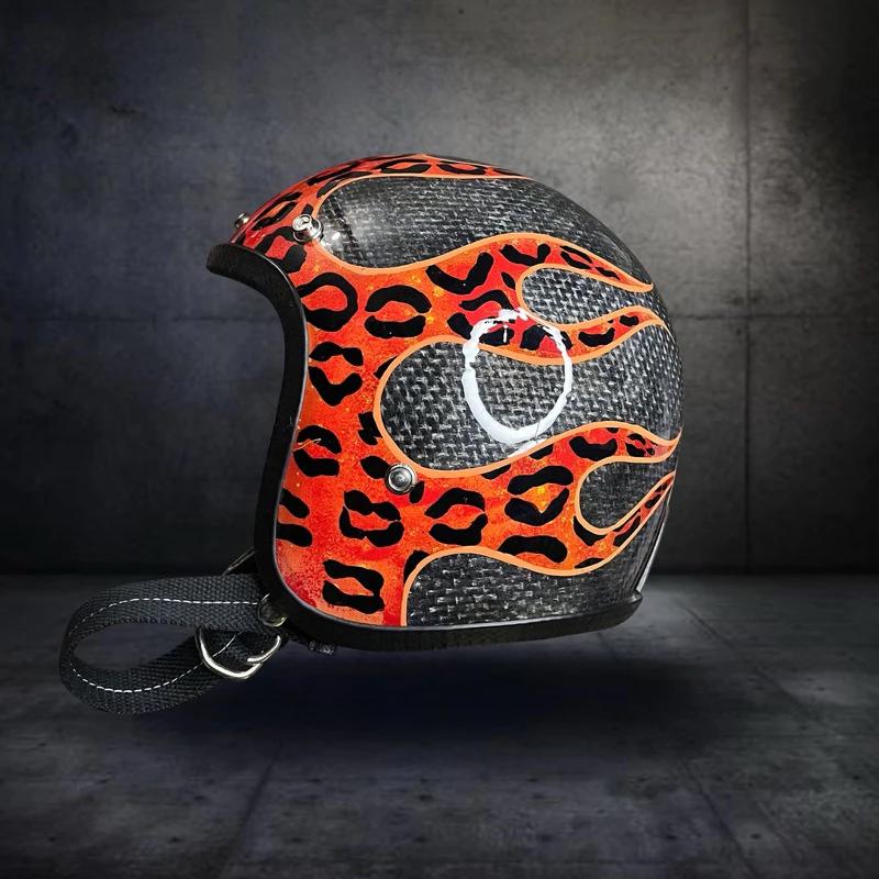 Open Face Vintage Custom Helmet Slimhead 500TX RAW Leopard Flame ...