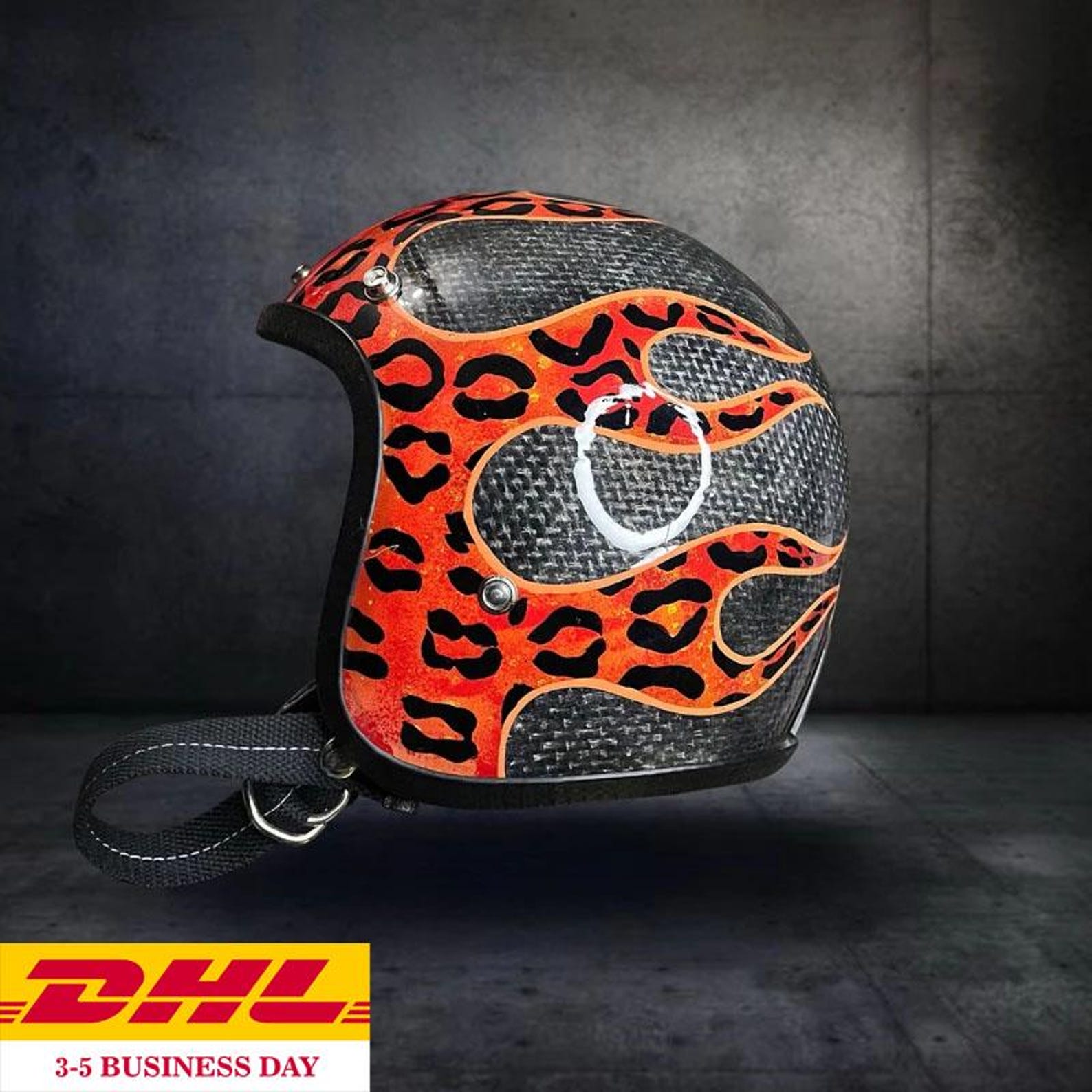 Open Face Vintage Custom Helmet Slimhead 500TX RAW Leopard Flame ...