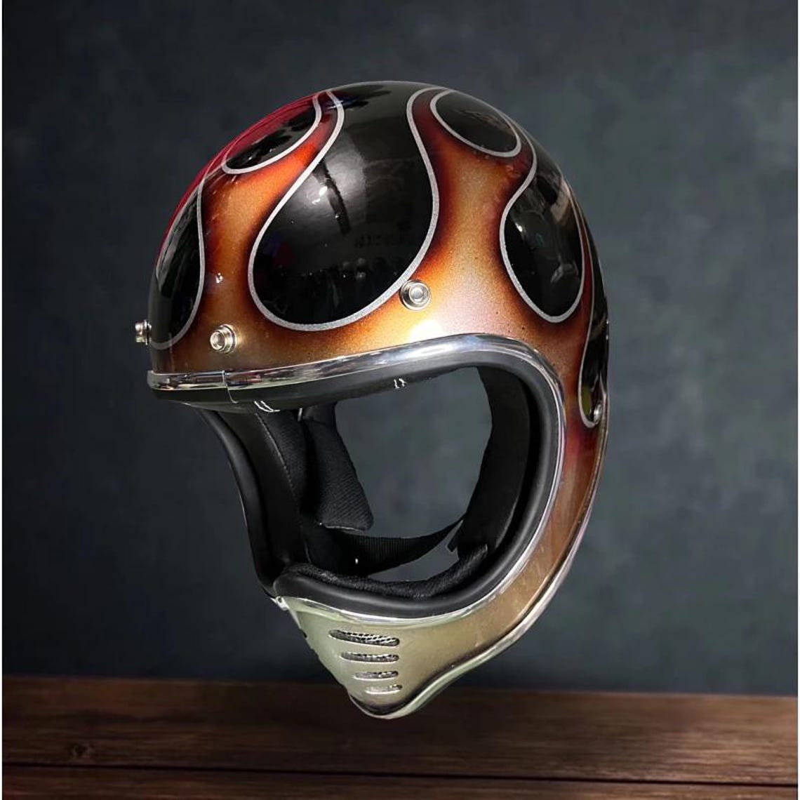 Vintage Custom Helmet Custom Moto 3 Patina Flame Chopper CAFE RACER ...