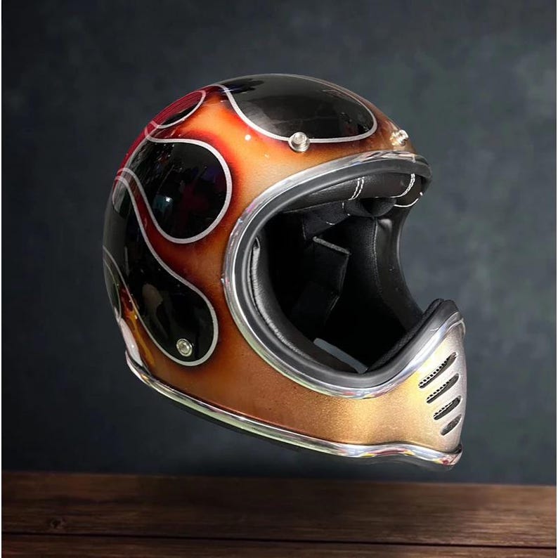 Vintage Custom Helmet Custom Moto 3 Patina Flame Chopper CAFE RACER ...