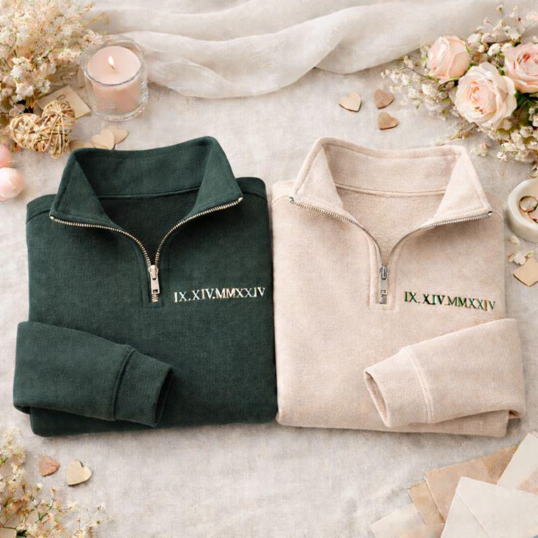 Custom Embroidered Roman Numeral Quarter Zip Sweatshirt, Anniversary ...