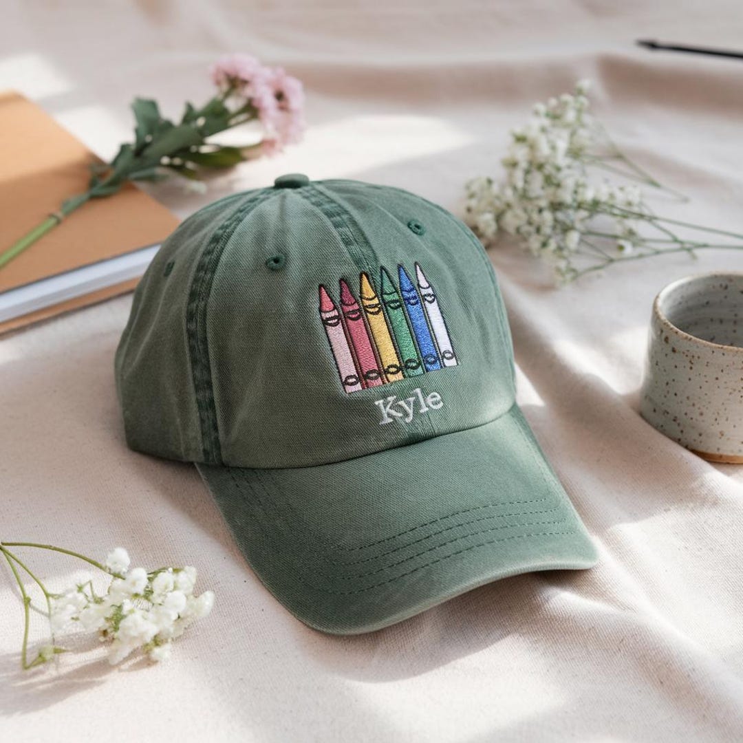 Embroidered Teacher Hat – Personalized Crayon Design, Washed Cotton Cap ...