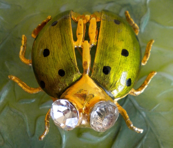 1960's Green and Gold Metal Ladybug Pin - Gem