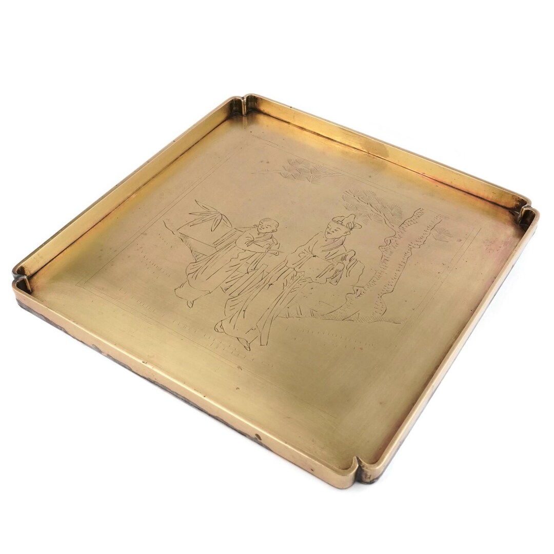 Vintage Chinese Bronze Tray, Square Shape, Scholar and Student Scene ...