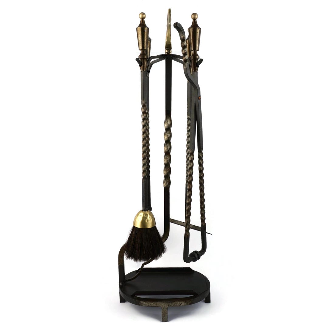 Vintage Iron Fireplace Tool Set, Brass Handle Hearth Tools, Rustic Fire ...