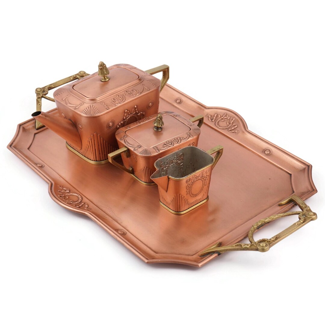 Antique French Copper and Brass Tea Set, Art Nouveau Serving Set ...