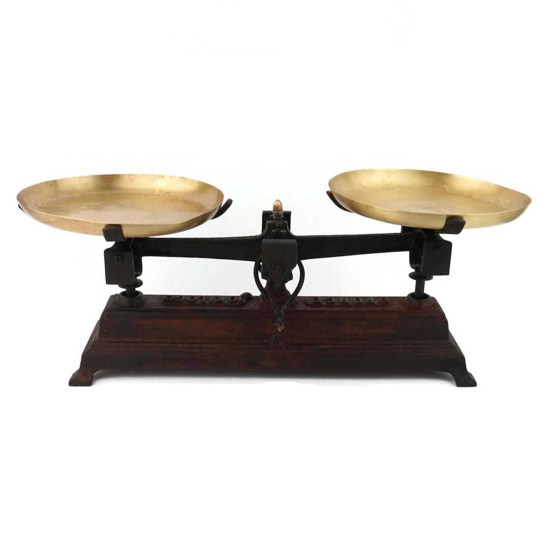 Vintage Cast Iron Balance Scale, Mass Scale With Brass Bowls, Rustic ...