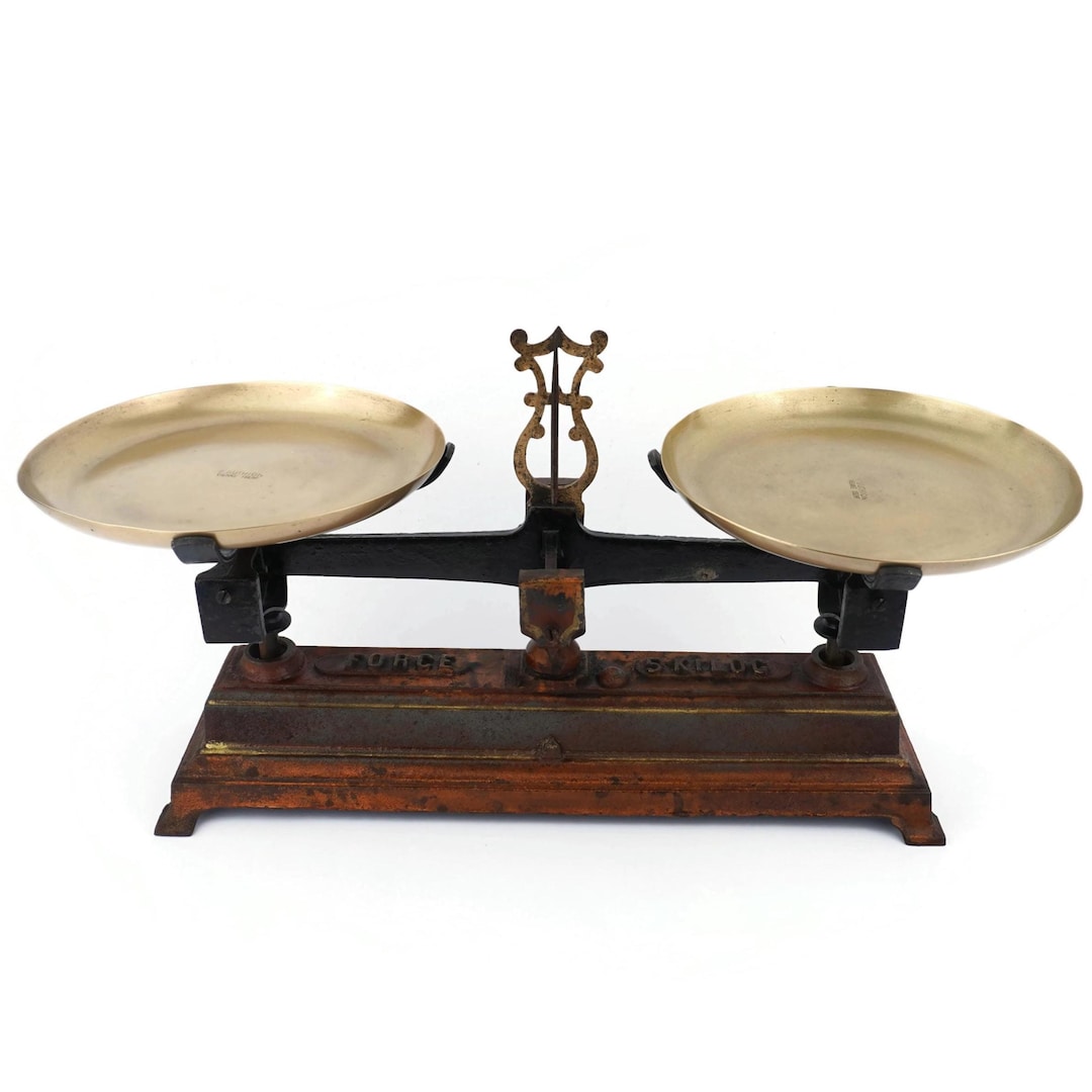 Vintage Cast Iron Balance Scale, Mass Scale With Brass Bowls, Rustic ...