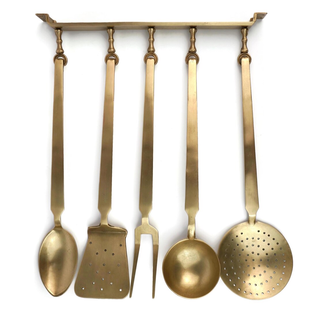 Vintage Brass Kitchen Utensil Set With Stand, Mid Century Modern ...