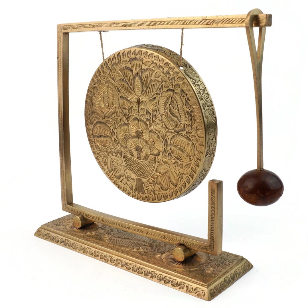 Vintage Brass Desk Gong, Engraved Floral Motifs, Indian Decorative ...