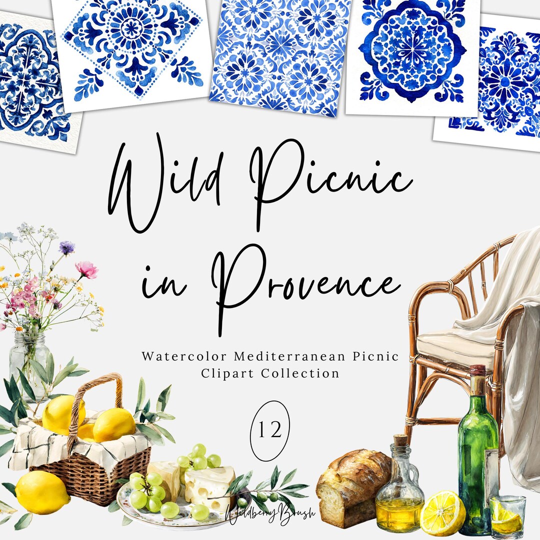Cottagecore Mediterranean Clipart | Watercolor Picnic Basket, Olives ...
