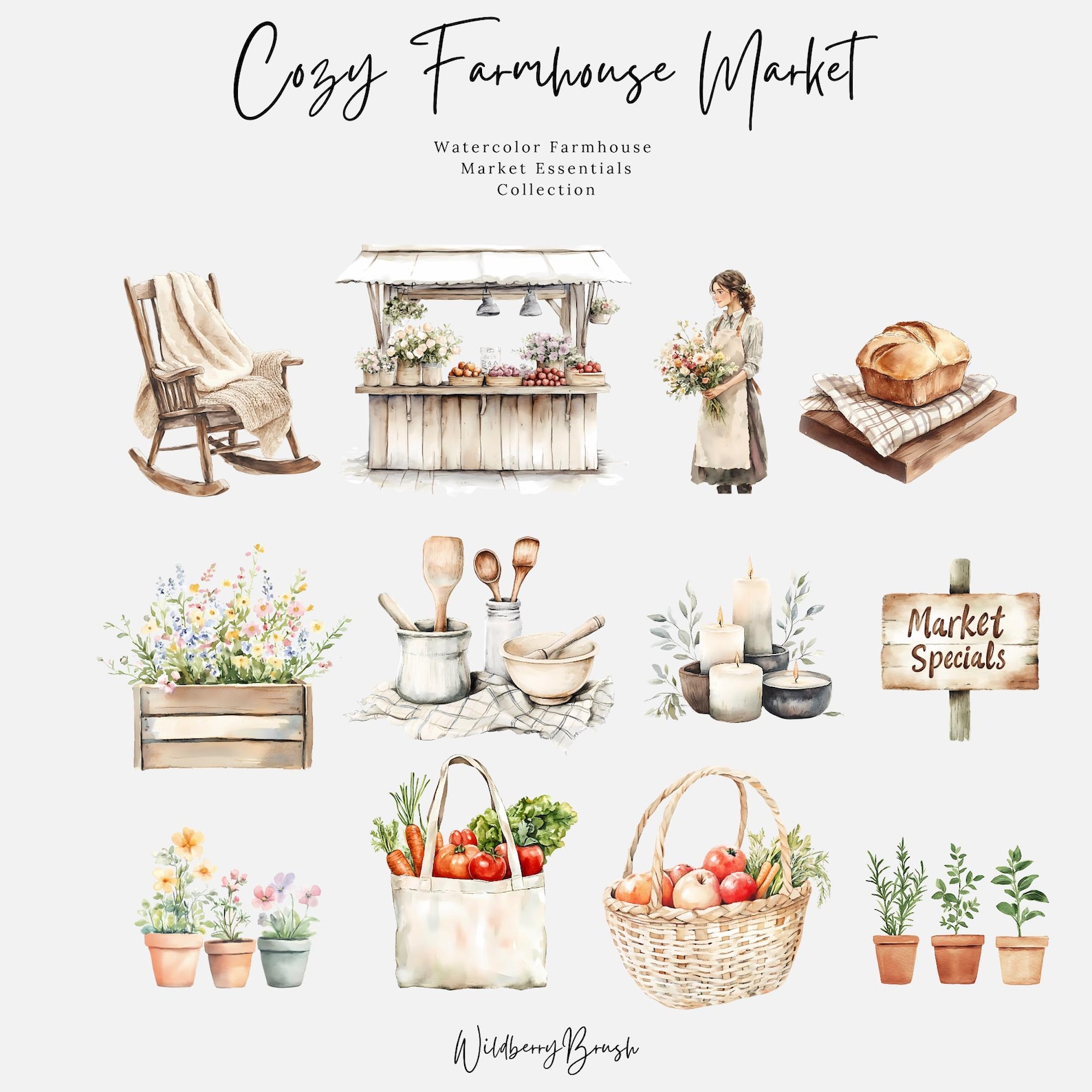 Cozy Farmers Market Watercolor Clipart Png, Flowers Fruit & Vegetables ...