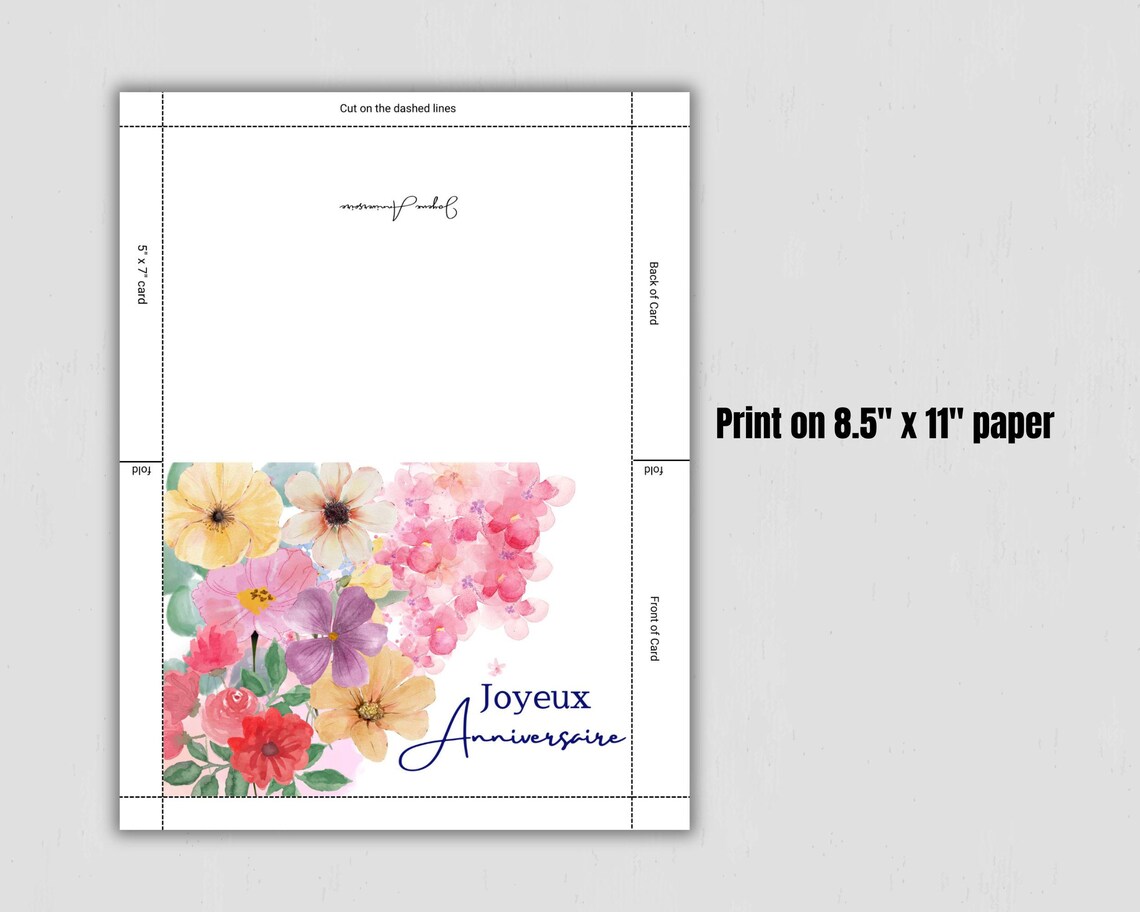 Floral Joyeux Anniversaire Card: Printable French Birthday (PDF) - Etsy
