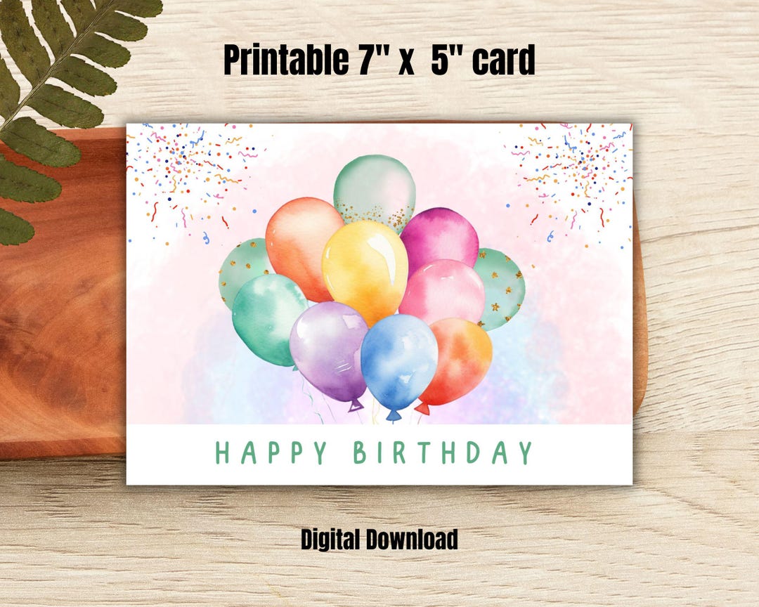 Watercolor Balloons Birthday Card: Printable 7x5 Inch (PDF) - Etsy