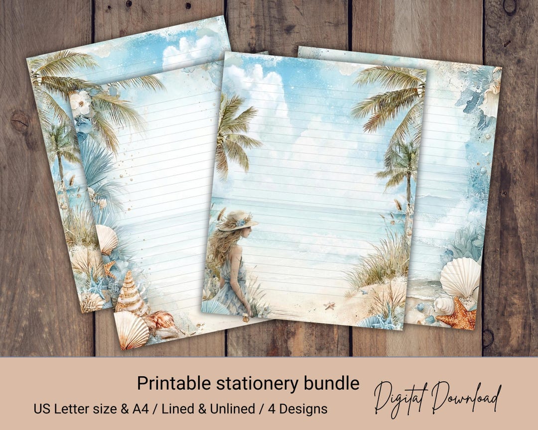 Beach Stationery Set, Ocean Theme Writing Paper, Tropical Palm Trees ...