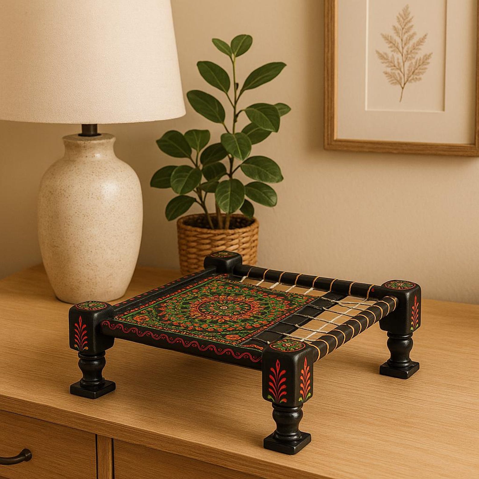 Mini Hand-painted Wooden Charpai – Traditional Rajasthani Table Decor ...
