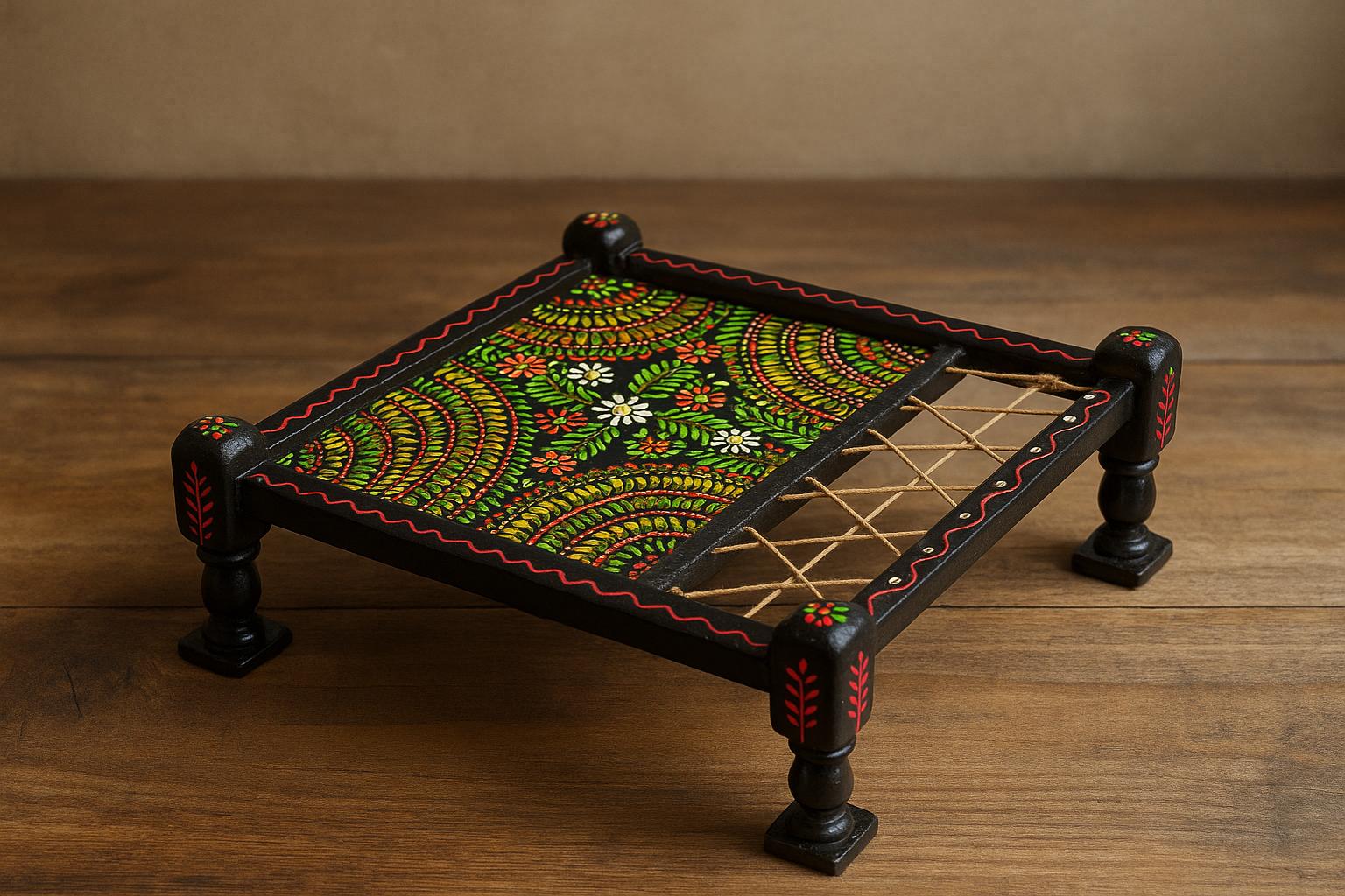 Mini Hand-painted Wooden Charpai – Traditional Rajasthani Table Decor ...