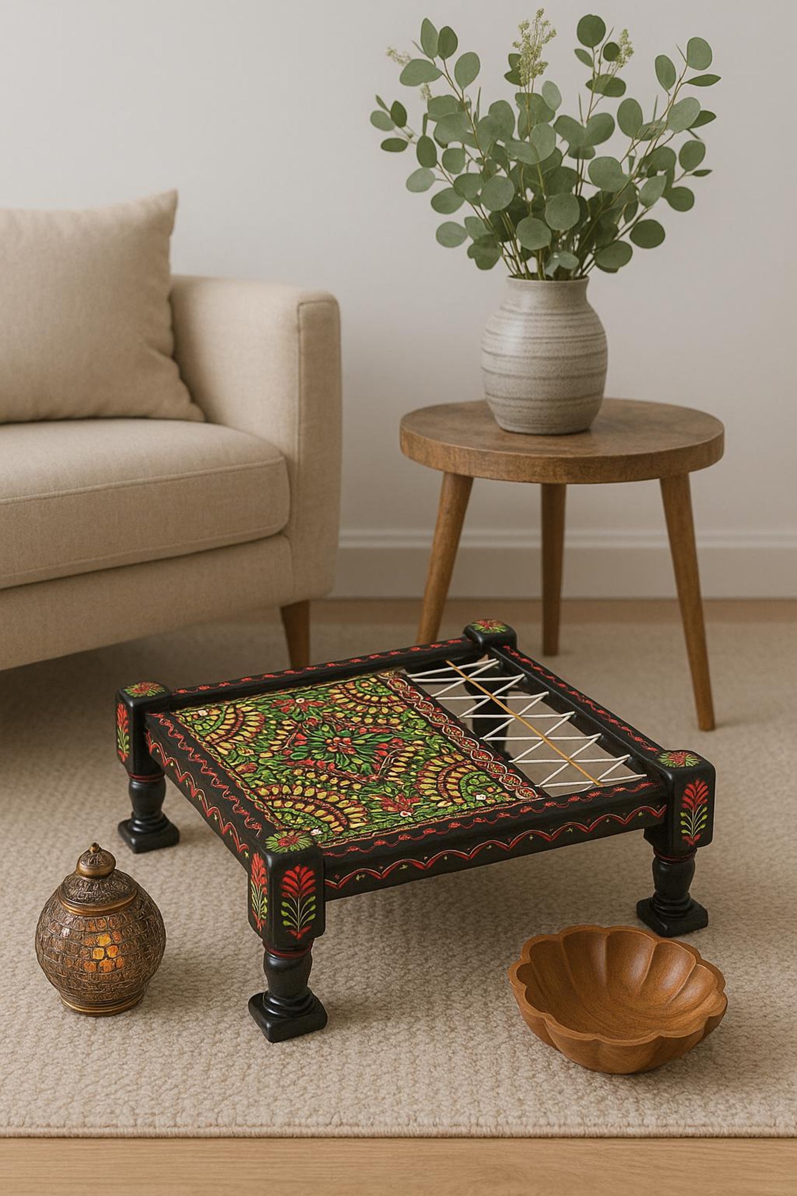 Mini Hand-painted Wooden Charpai – Traditional Rajasthani Table Decor ...