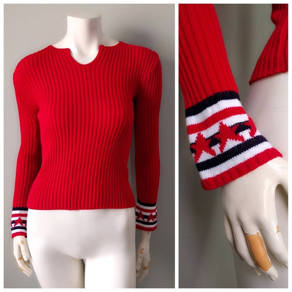 Vintage 1990s Rave Red Star Sleeve Ribbed Sweater XS … - Gem