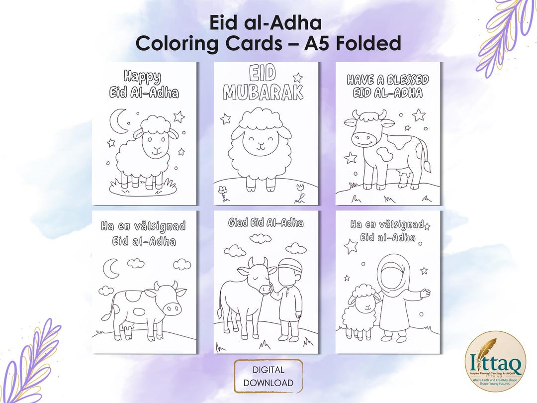Eid Al-adha Coloring Cards – 7 A5 Folded Cards & A4 Pages – Muslim Kids ...
