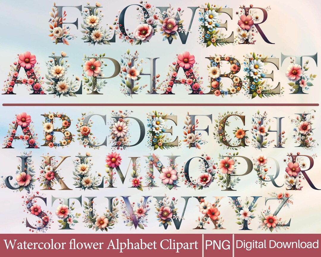 Watercolor-flower-alphabet-clipart,watercolor Flower Alphabet,floral ...