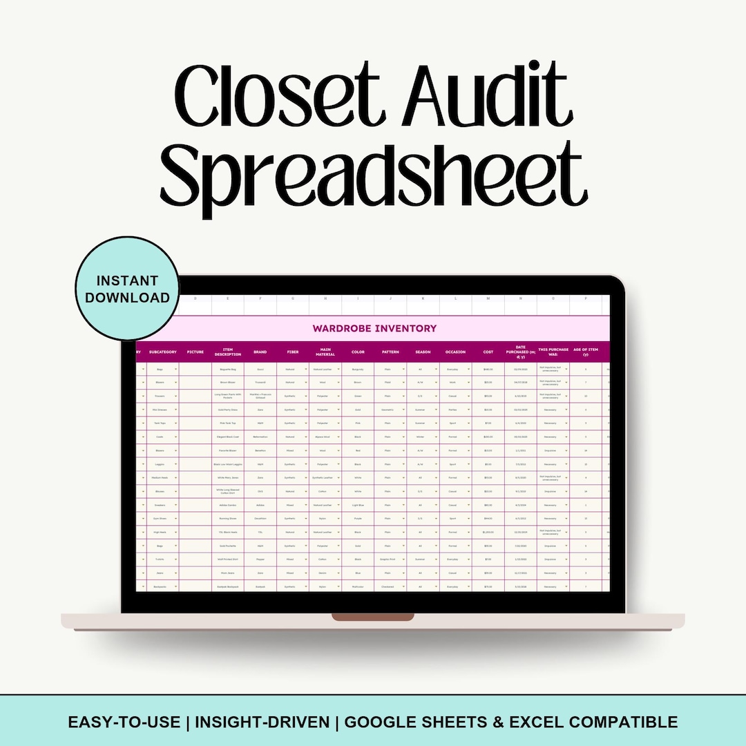Closet Audit Spreadsheet Wardrobe Inventory Cost Tracker Excel
