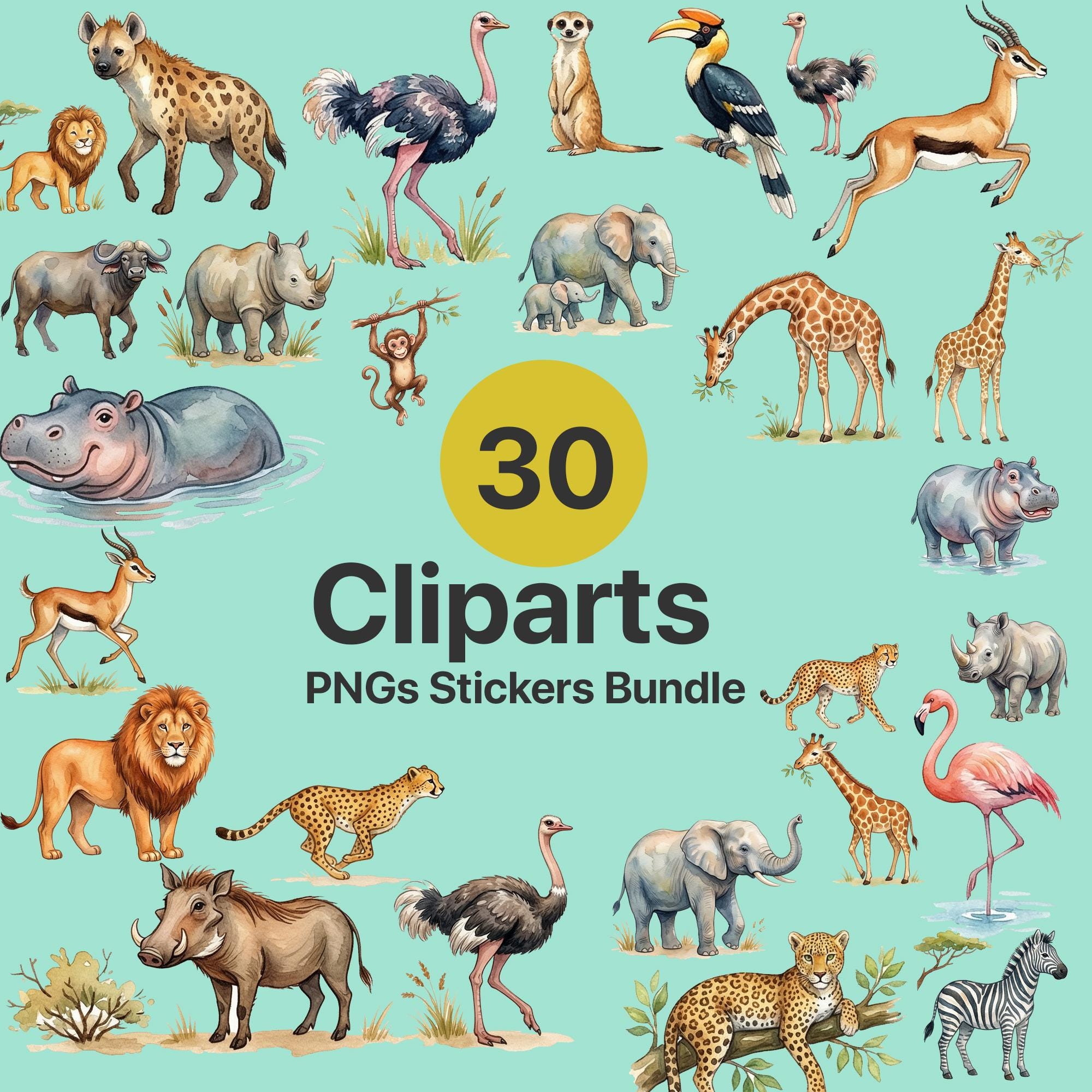 Watercolor Safari Animals Clipart Bundle, Jungle Nursery Decor Pngs ...