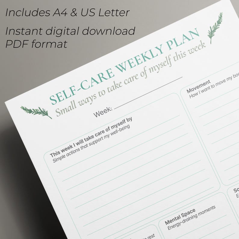 Weekly Self Care Planner Printable | Wellness Planning Sheet | A4 & US ...