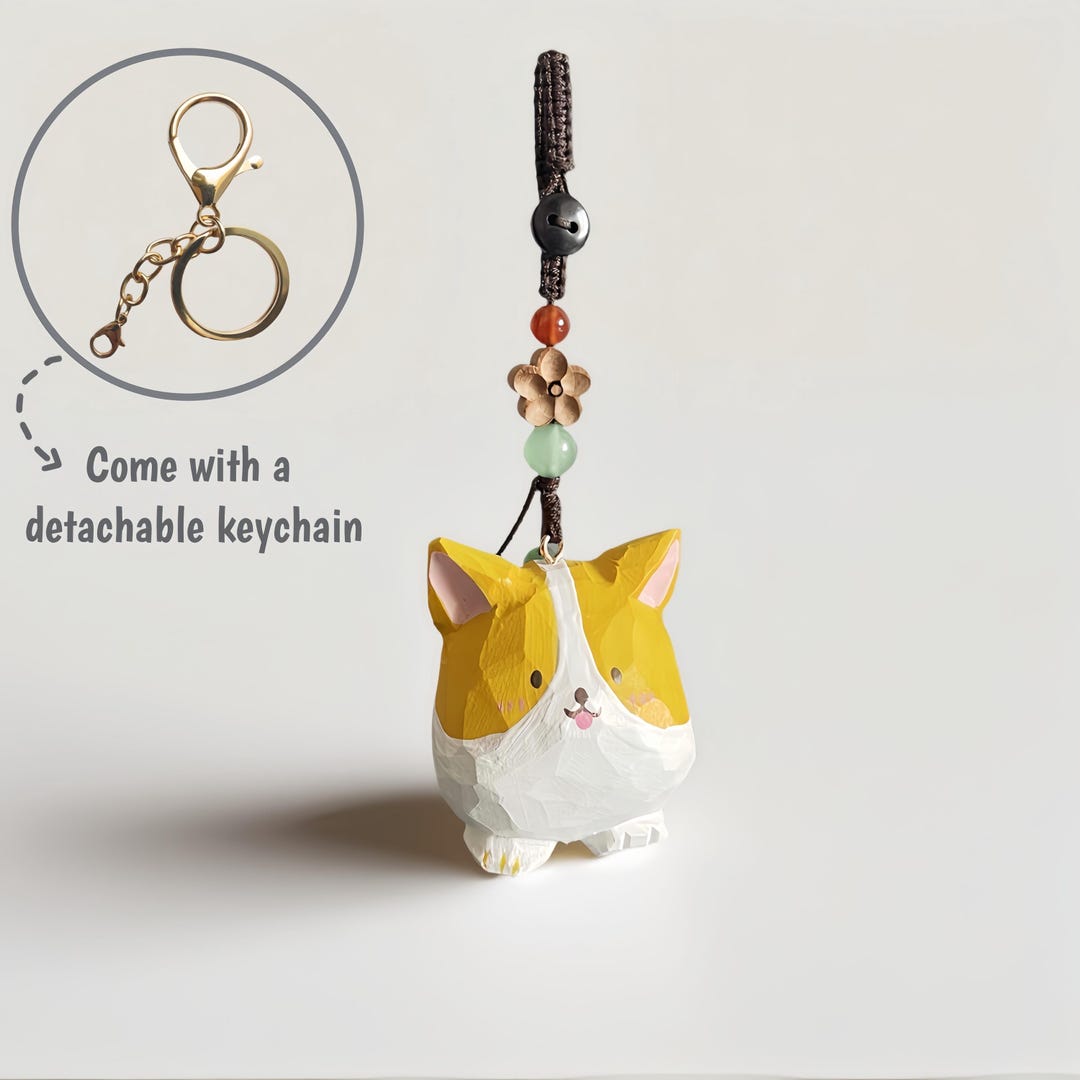 Hand-carved Wooden Corgi Pendant: Hand-woven Keychain Car Bag Charm - Etsy