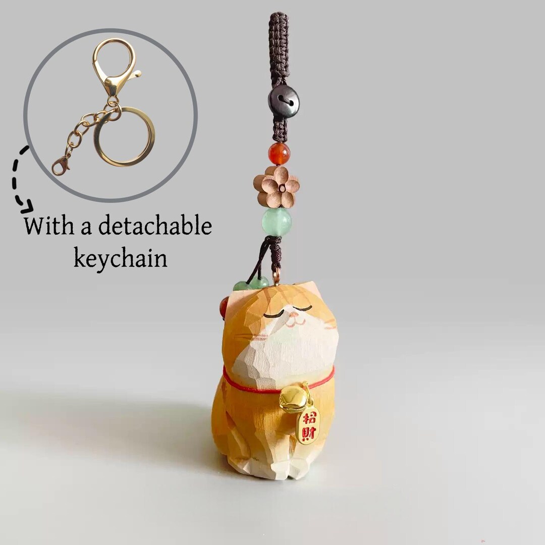 Hand-carved Wooden Cat Keychain,hand-painted Figurine,bag Charms ...